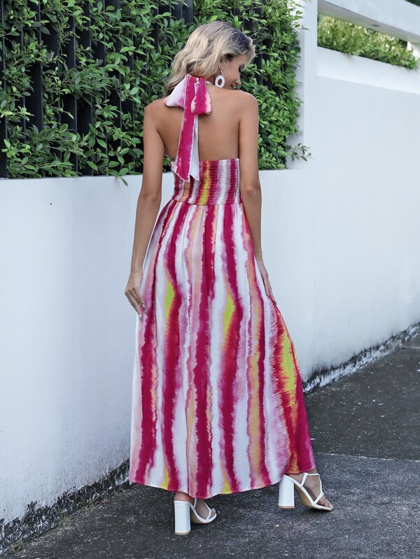 Shein Vcay Allover Print Criss Cross Shirred Tie Backless Maxi Dress