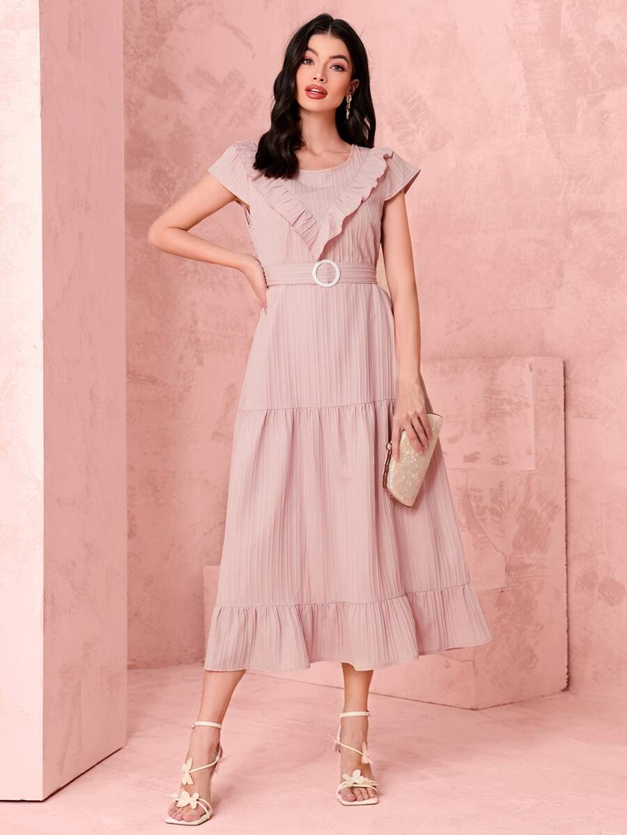 Mulvari Ruffle Trim Belted Solid Dress | SHEIN USA