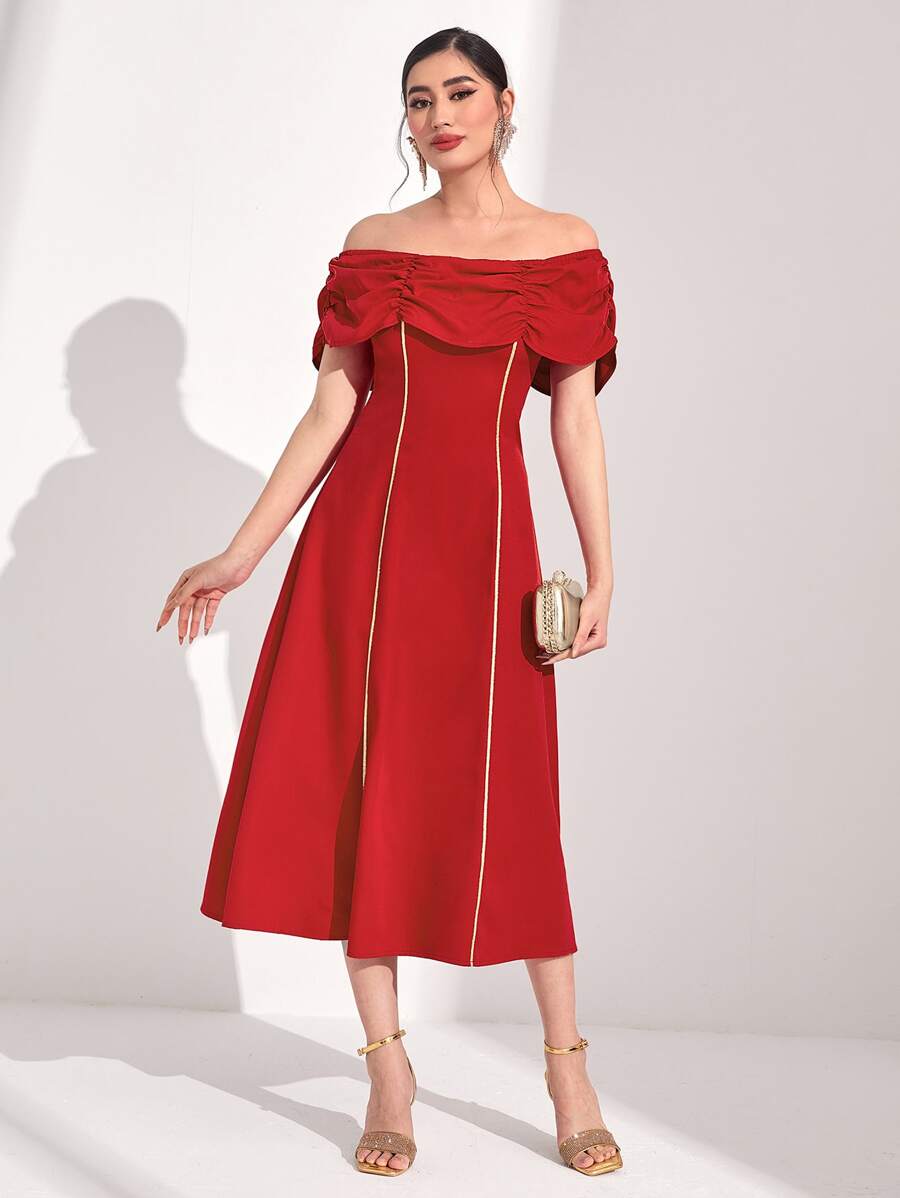Modelyn Off Shoulder Contrast Binding Dress | SHEIN USA