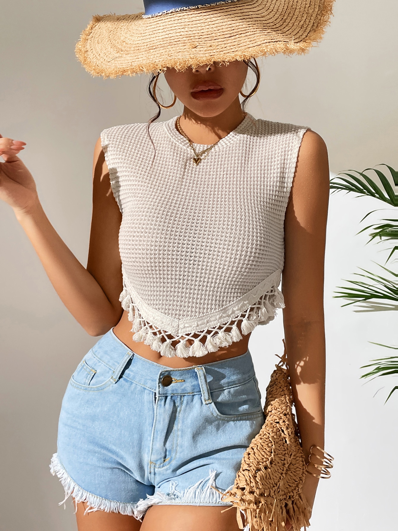 SHEIN Privé Tassel Trim Waffle Knit Tank Top | SHEIN USA