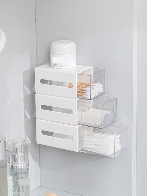 1pc Wall Mounted Plastic Storage Box, White Self Adhesive Wall Storage ...