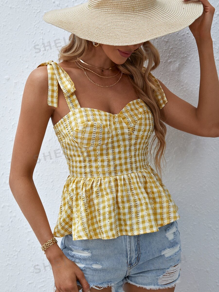 SHEIN WYWH Gingham Tie Shoulder Peplum Wide Straps Top | SHEIN UK