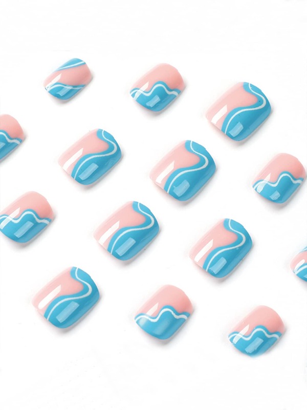 Get Glamorous with 24pcs Short Square Blue Line Colorblock Fake Nail ...