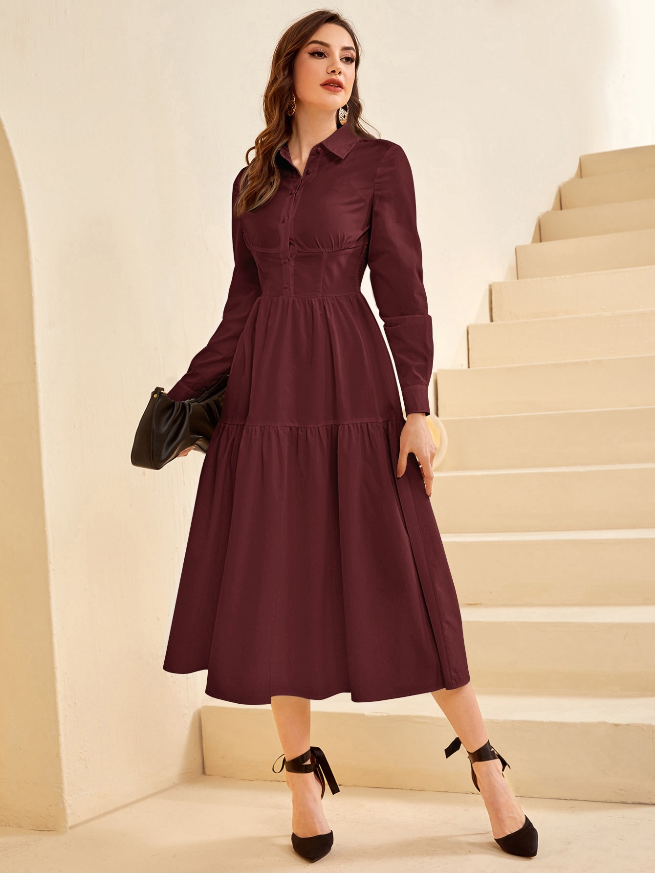 Shein Mulvari Shirred Ruffle Hem Shirt Dress Shein Usa
