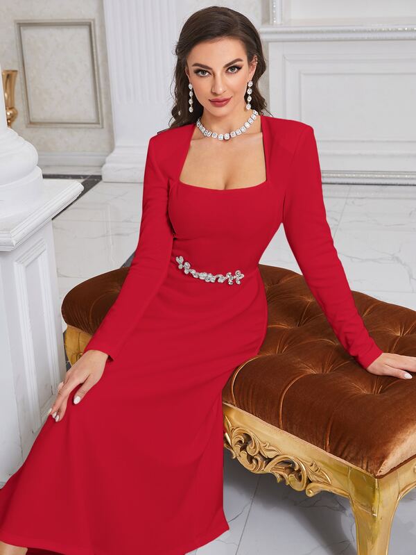 SHEIN Mulvari Rhinestone Detail A-line Dress | SHEIN USA