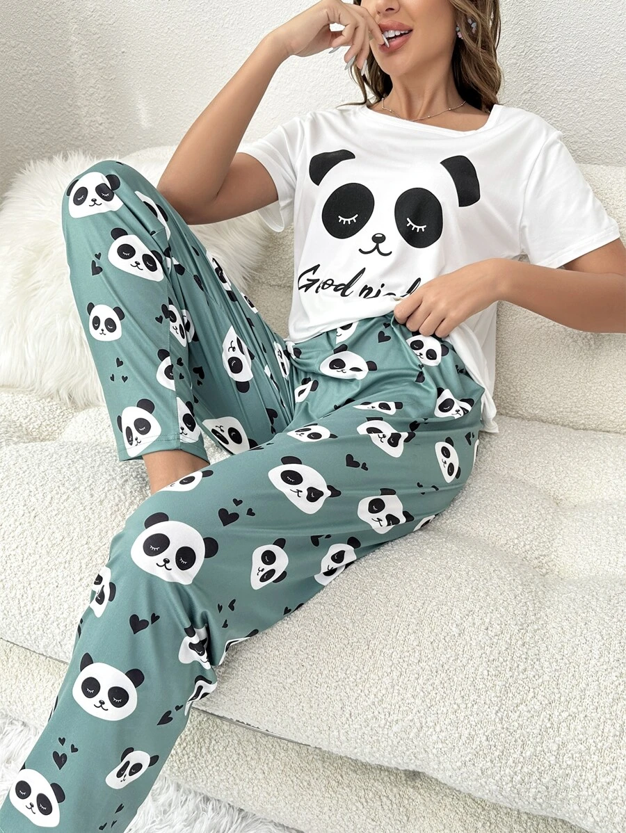 Panda & Slogan Graphic Tee & Pants PJ Set / Pajama Set | SHEIN USA