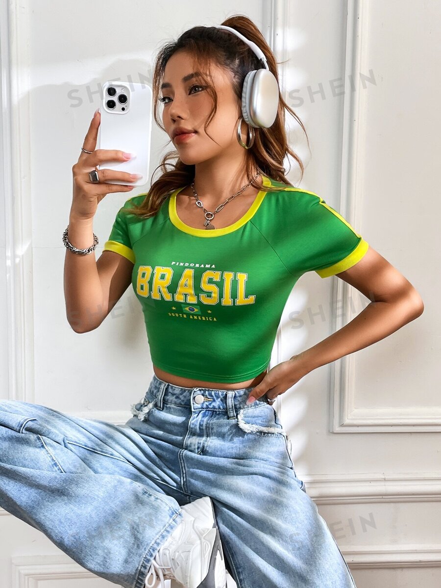 SHEIN EZwear Brazil Letter Graphic Contrast Trim Raglan Sleeve Crop Tee ...