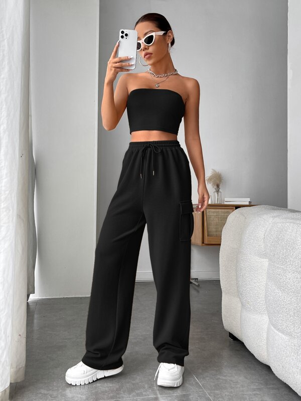 Shein Ezwear Sólido Top Cortado De Tubo And Lado Do Bolso Da Aba Cintura