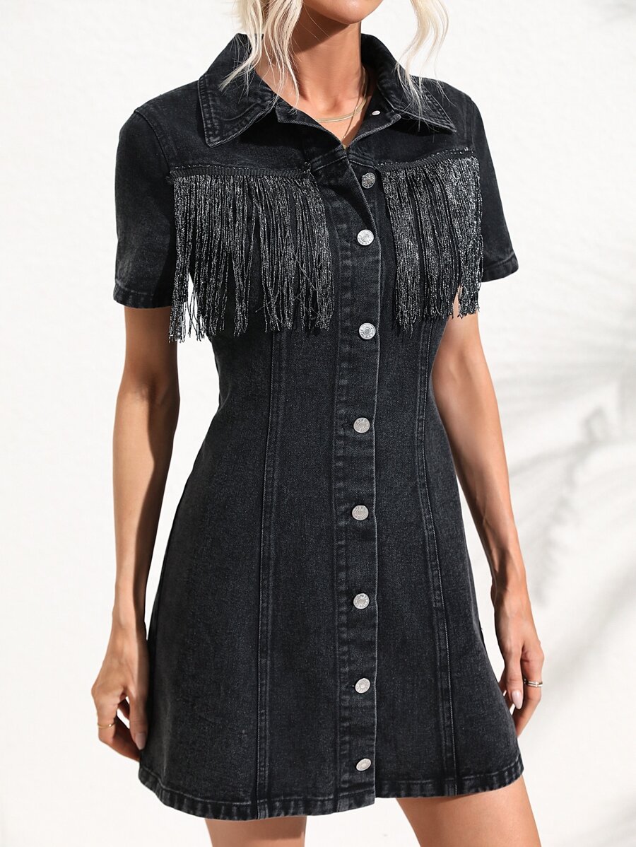 Fringe Trim Button Front Shirt Denim Dress | SHEIN USA