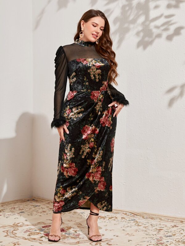 Shein Modely Kleid Mit Blume Muster Kontrast Netzstoff Fusselig