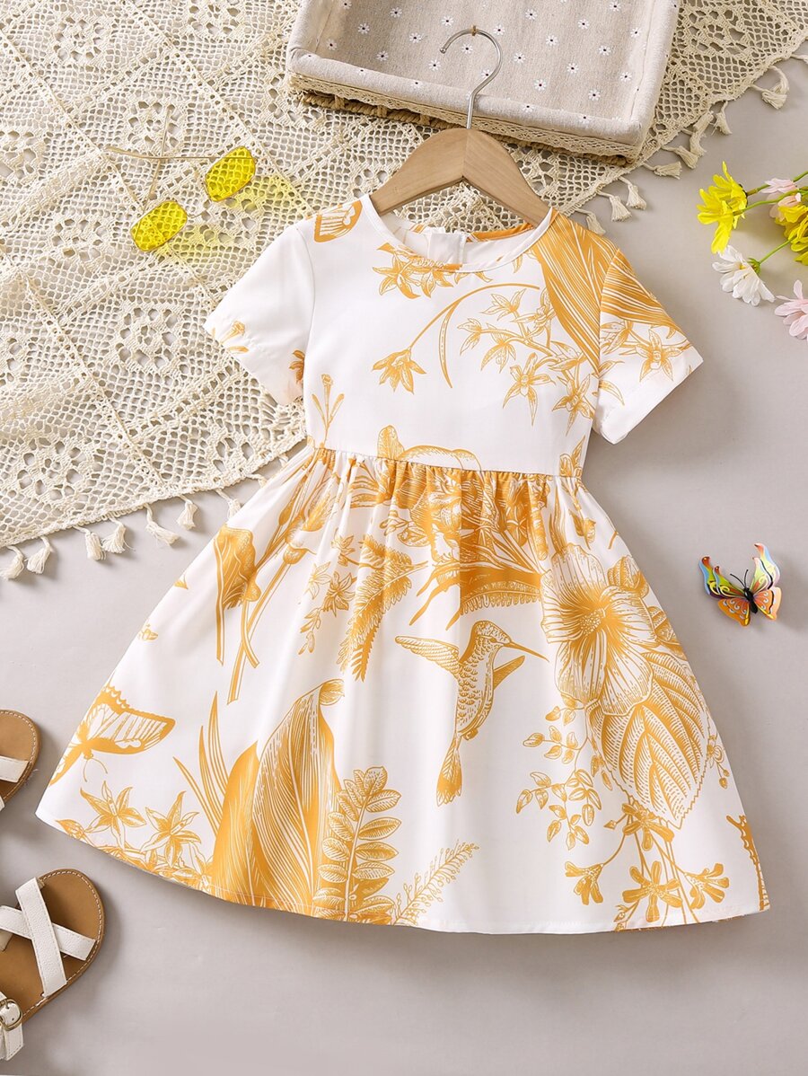 فستان أبيض استوائي مطبوعة عطلة مع ياقة دائرية و اكمام عادية للصيف بنت ...