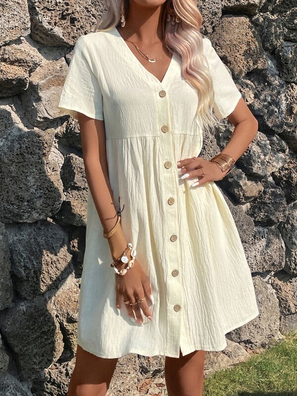 SHEIN VCAY Solid Button Front Smock Dress | SHEIN UK