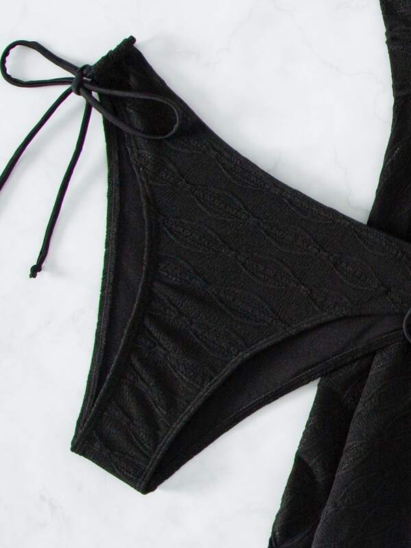 Textured Tankini Set Ruffle Trim Drawstring Swim Dress & Tie Side ...