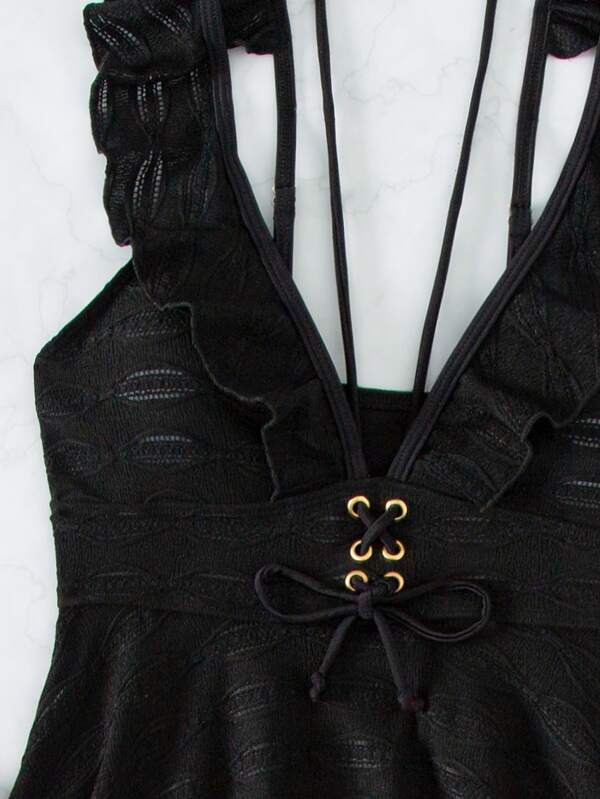 Textured Tankini Set Ruffle Trim Drawstring Swim Dress & Tie Side ...