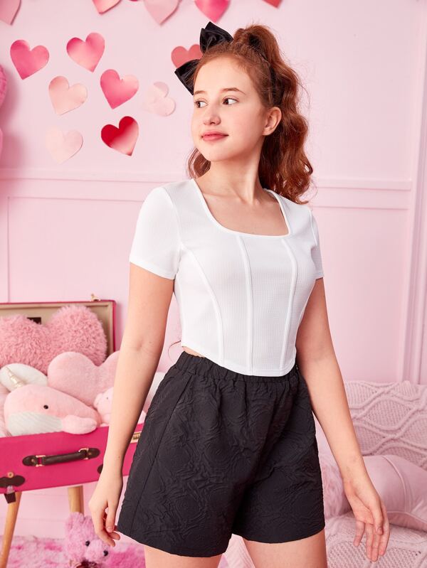 SHEIN Teen Girls Square Neck Seam Front Tee | SHEIN USA