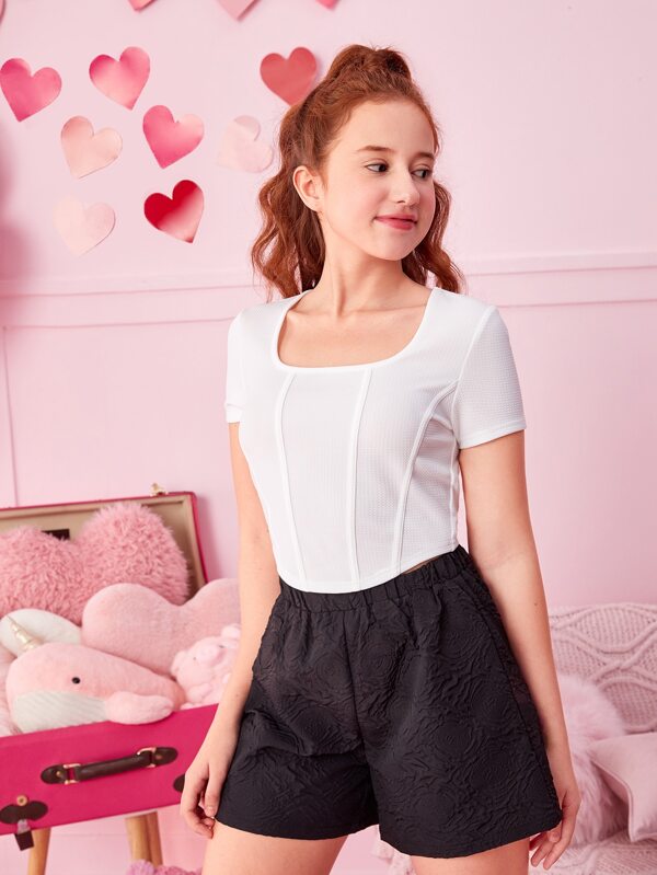 SHEIN Teen Girls Square Neck Seam Front Tee | SHEIN USA