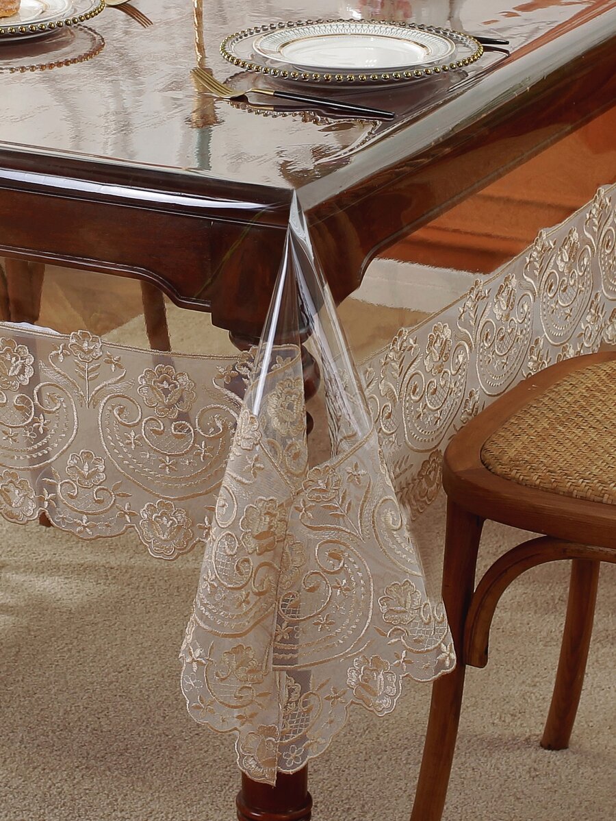 1pc PVC Tablecloth, Modern Floral Embroidered Clear Waterproof, Oil ...