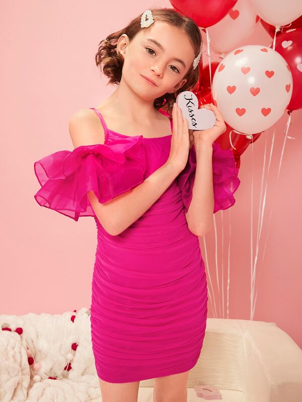 SHEIN Kids CHARMNG Girls Cold Shoulder Flounce Sleeve Ruched Mesh Dress ...