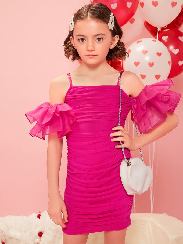 SHEIN Kids CHARMNG Girls Cold Shoulder Flounce Sleeve Ruched Mesh Dress ...