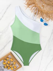 SHEIN Swim Vcay Colorblock Cut Out One Shoulder One Piece Swimsuit ...
