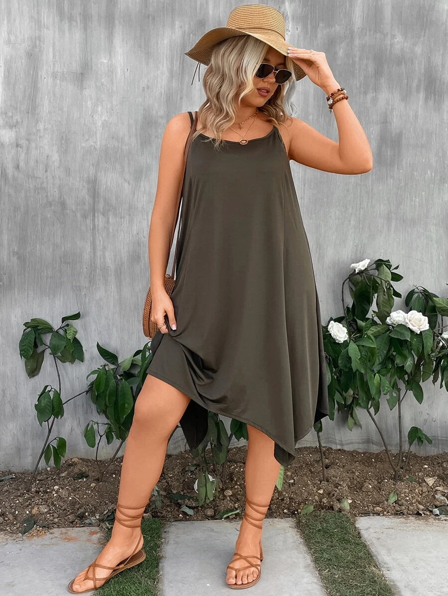 SHEIN LUNE Plus Solid Low Back Hanky Hem Cami Dress | SHEIN USA