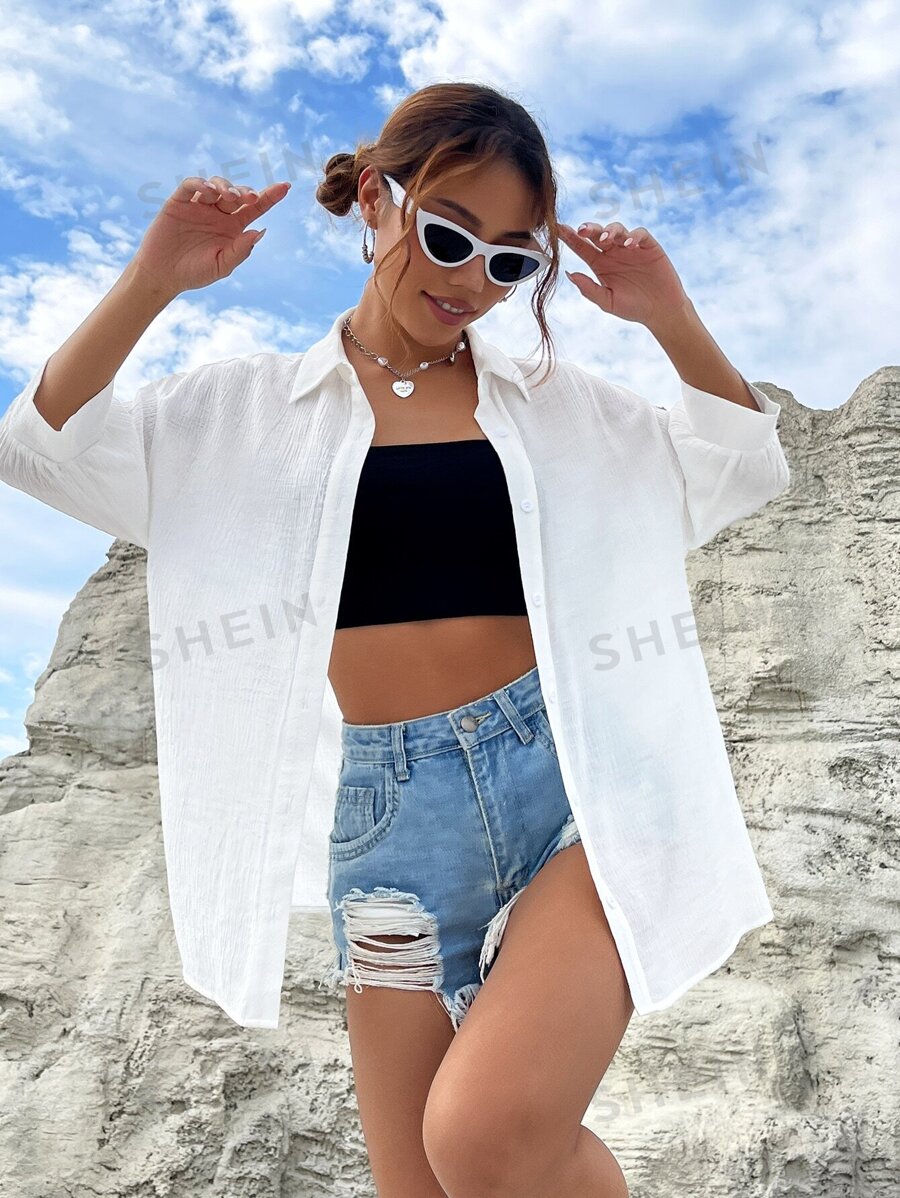 SHEIN EZwear Spring And Summer Shirts White Casual Solid Drop Shoulder ...