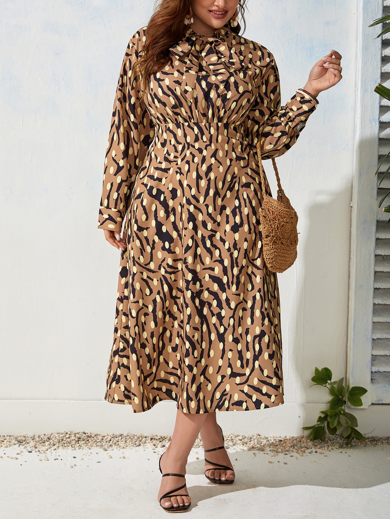 Shein Unity Plus Allover Print Tie Neck Lantern Sleeve Dress Shein Usa