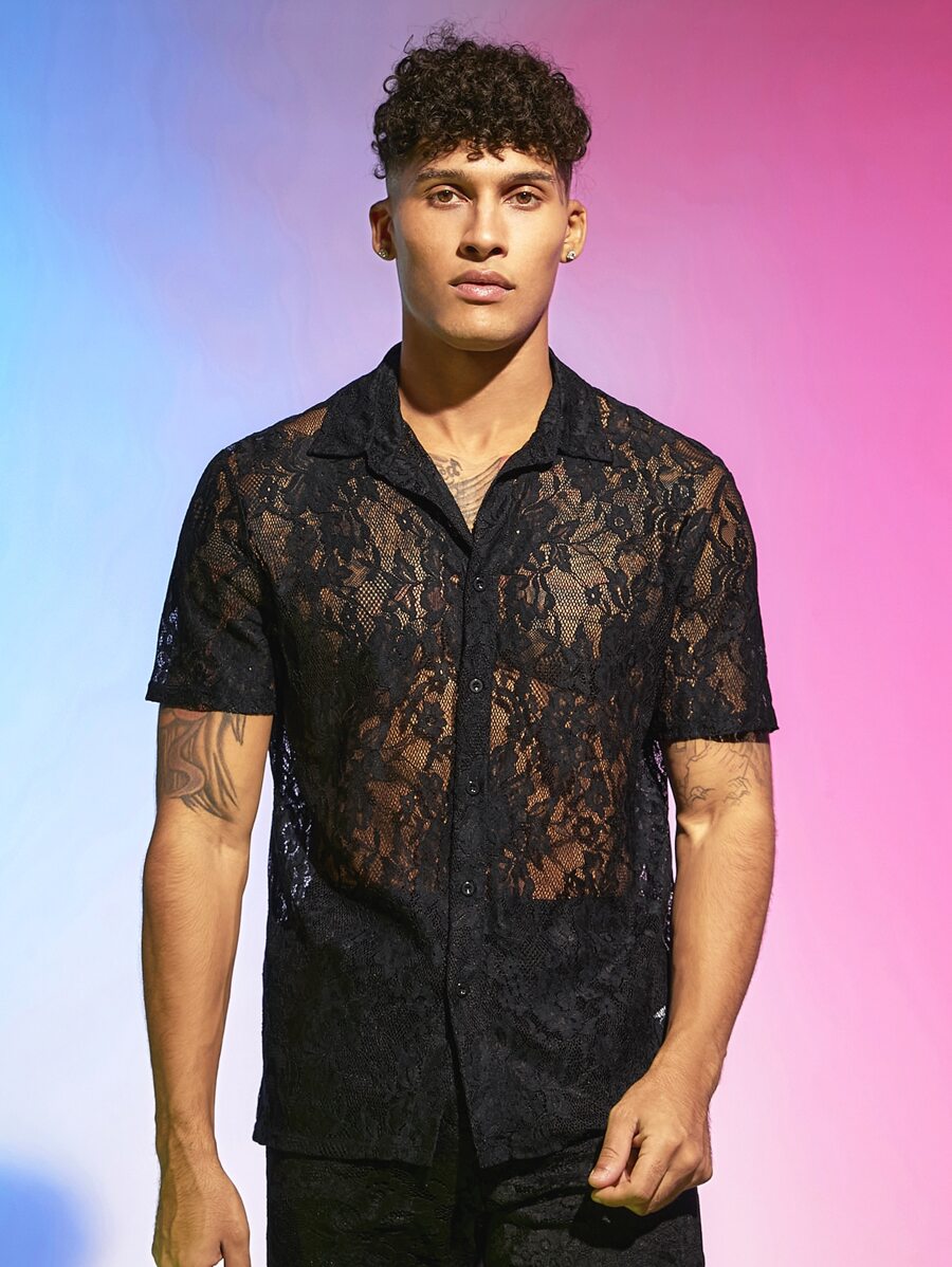 Manfinity Fever City Loose Men's Button Front Lace Shirt | SHEIN USA