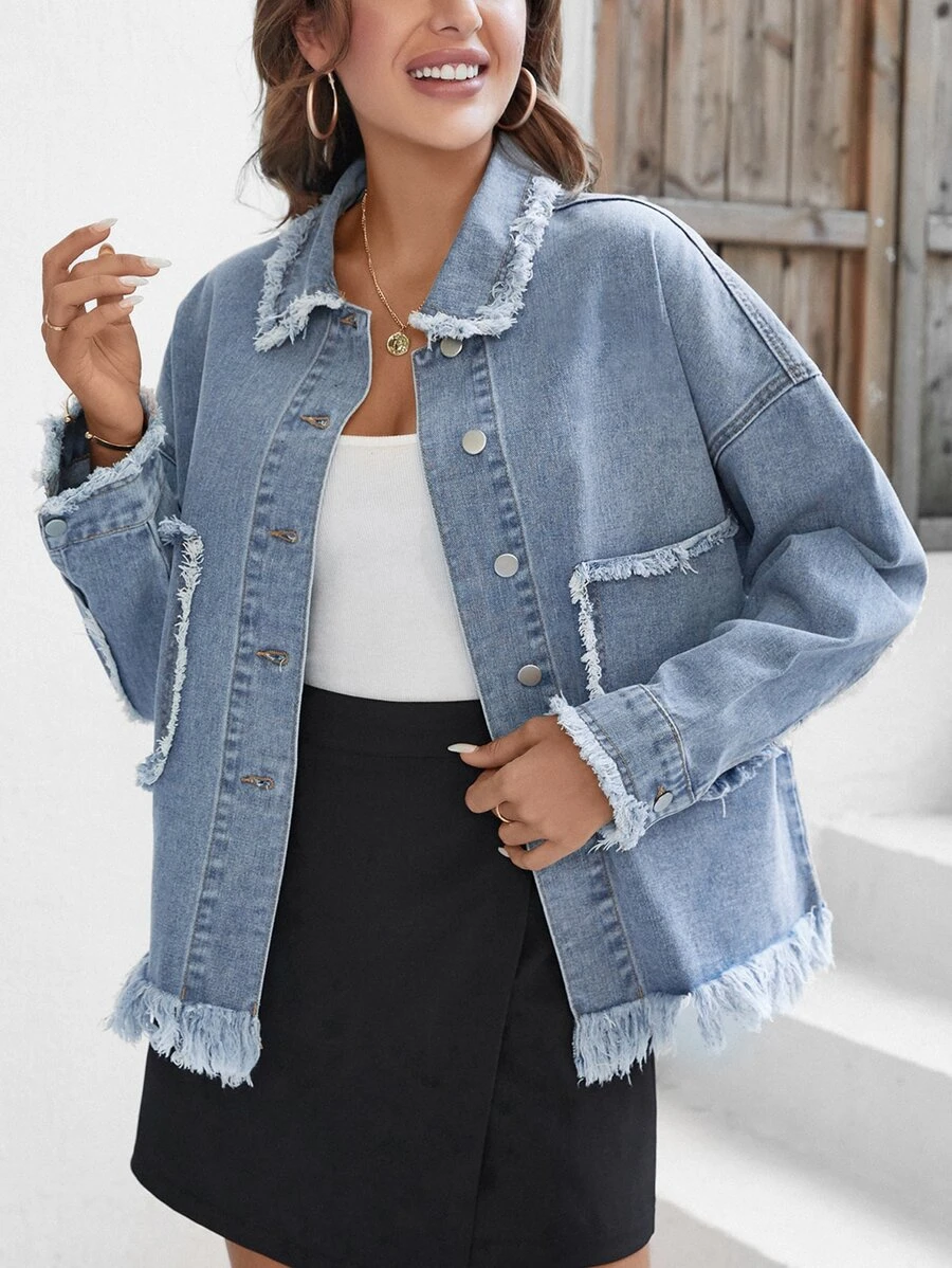 Drop Shoulder Raw Cut Denim Jacket | SHEIN USA