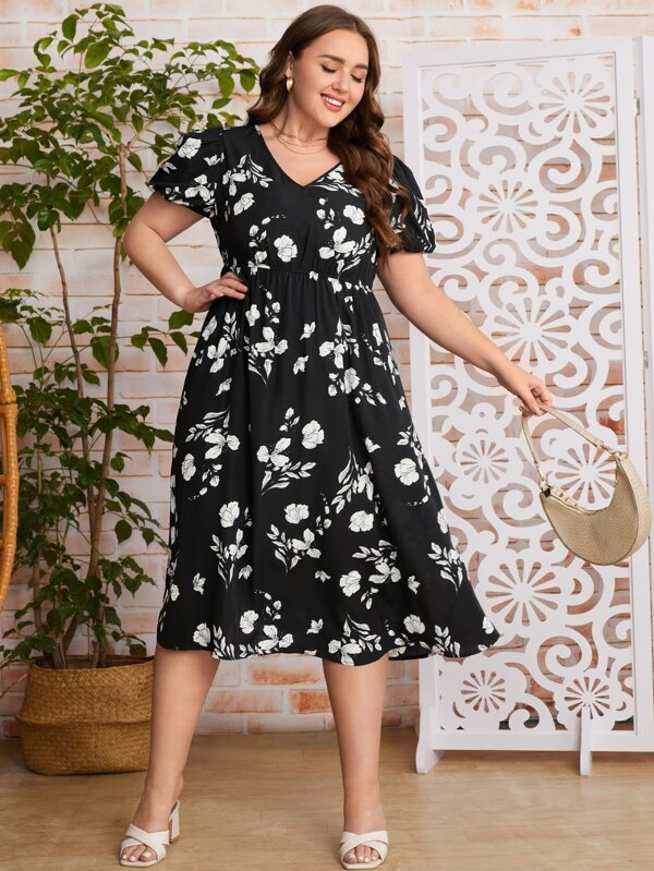 EMERY ROSE Plus Floral Print Puff Sleeve Dress | SHEIN USA