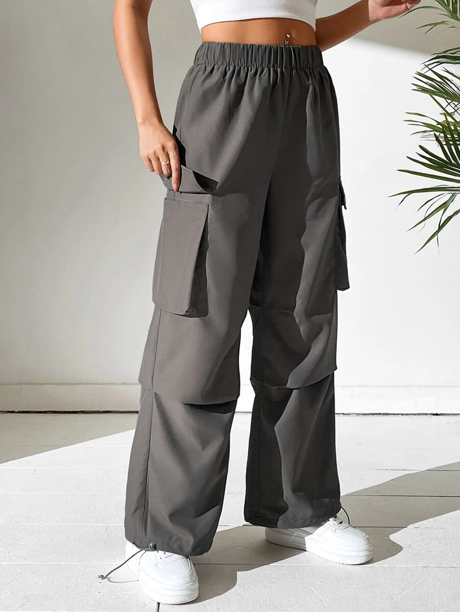 SHEIN PETITE Drawstring Flap Pocket Side Cargo Dress Pants | SHEIN USA