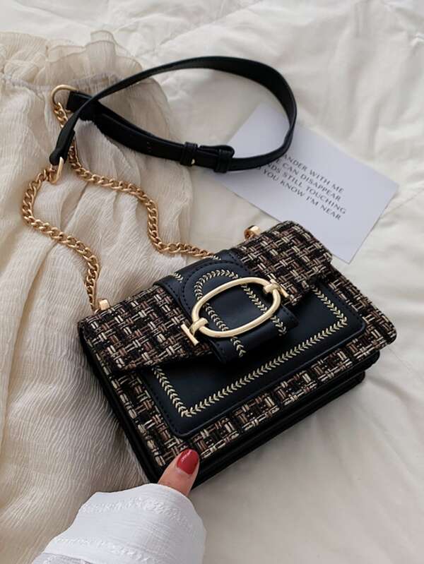Mini Plaid Tweed Shoulder Square Bag With Buckle Decor And Chain Strap ...