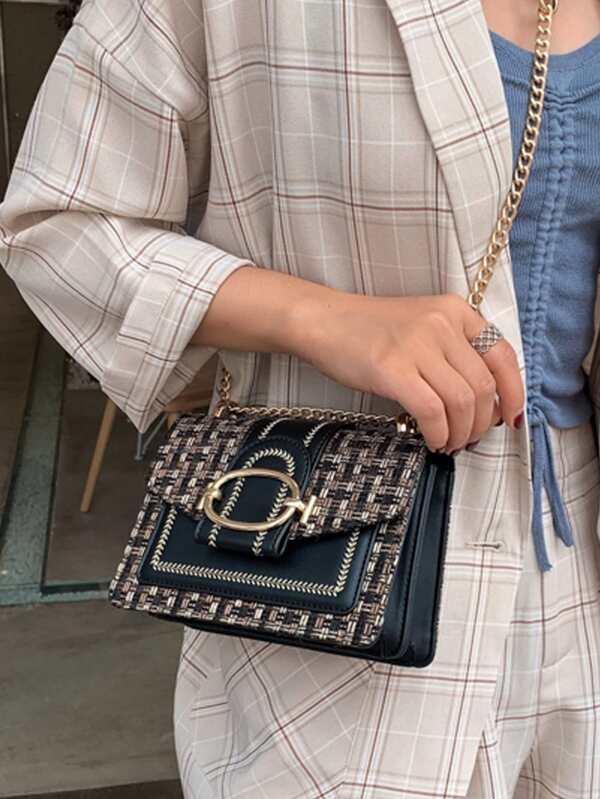Mini Plaid Tweed Shoulder Square Bag With Buckle Decor And Chain Strap ...