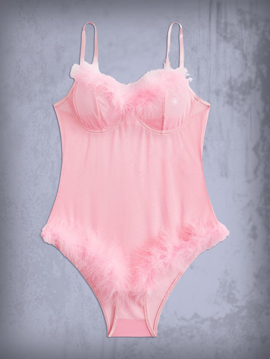 ROMWE Goth Fuzzy Trim Mesh Teddy Bodysuit | SHEIN USA