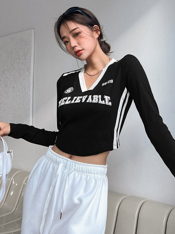 Dazy Letter Graphic Contrast Binding Crop Tee Shein Singapore