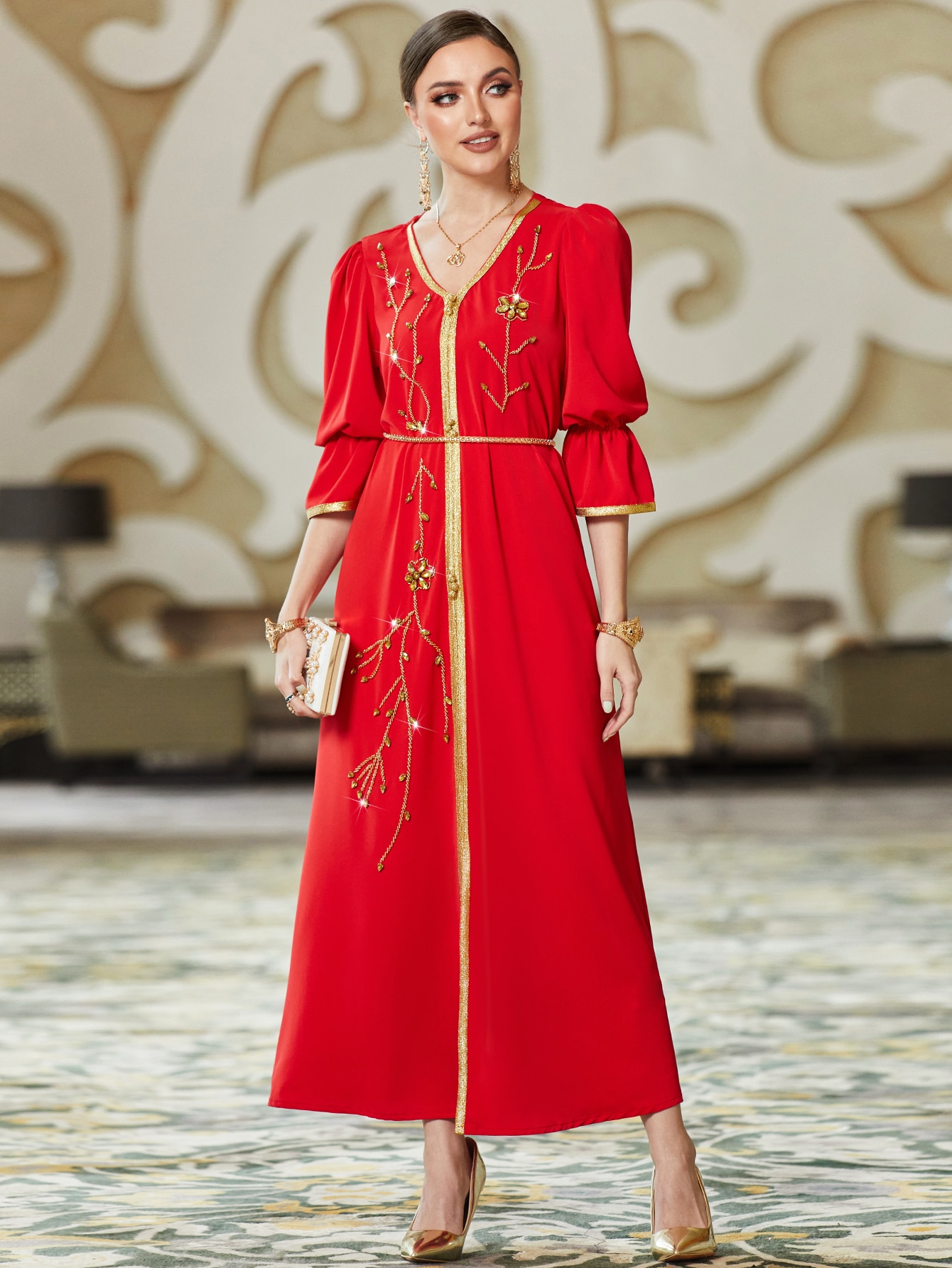Shein Najma Floral Embroidery Puff Sleeve Belted Dress Shein Usa