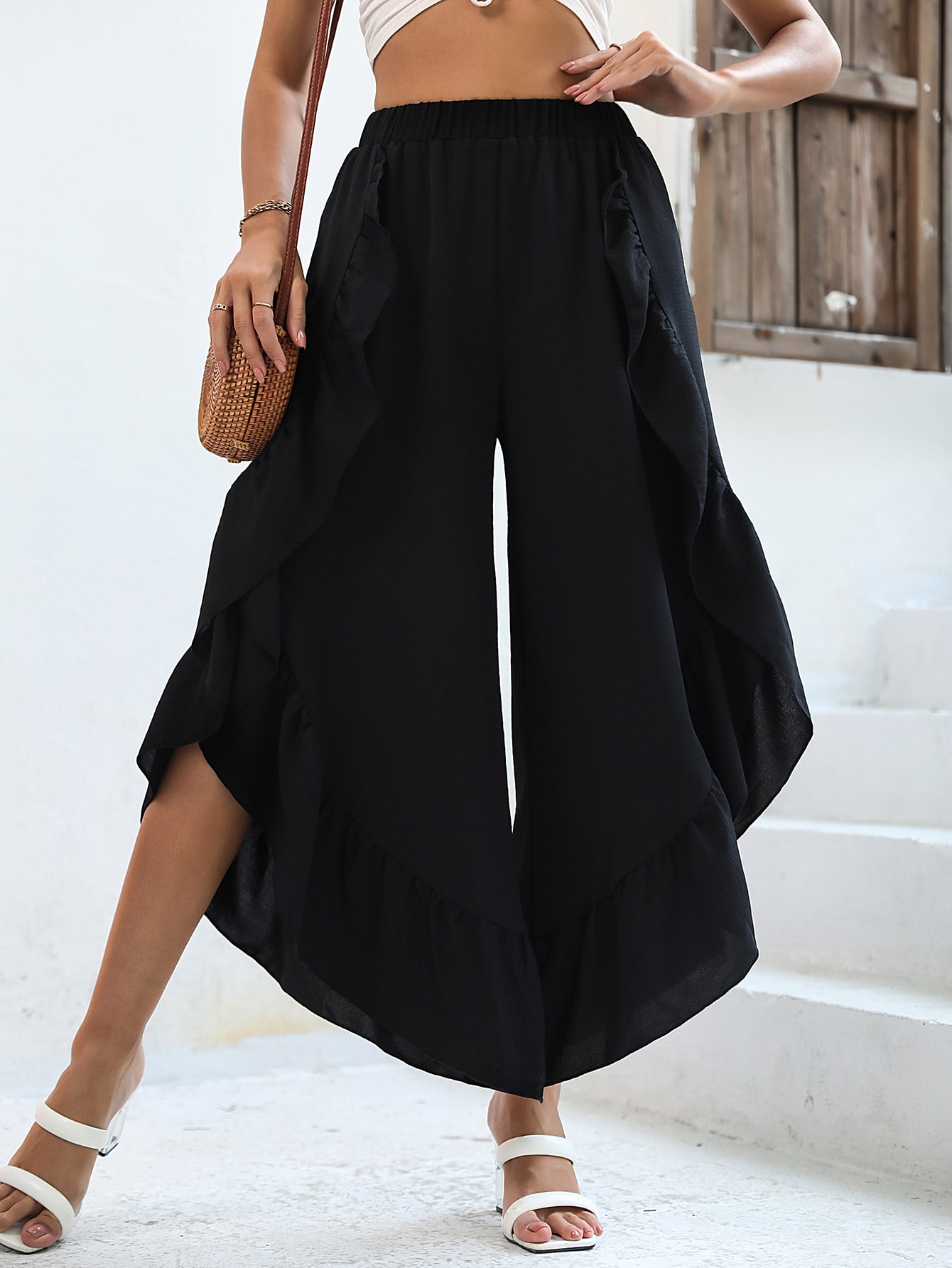 SHEIN VCAY High Waist Ruffle Trim Split Side Pants | SHEIN USA