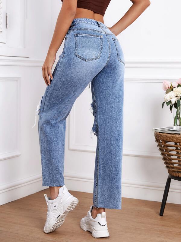 Ripped Cut Out Straight Leg Jeans | SHEIN Malaysia
