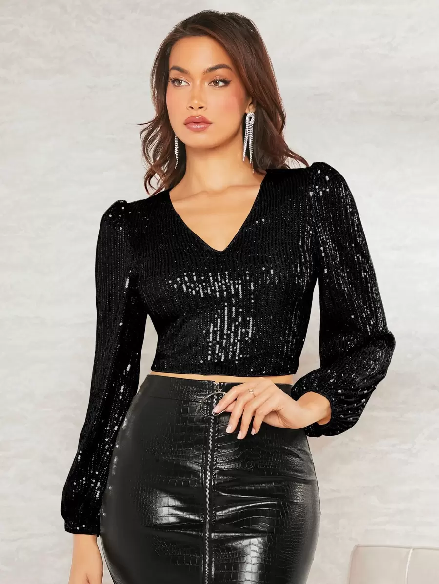 SHEIN BAE Lantern Sleeve Sequin Top | SHEIN USA