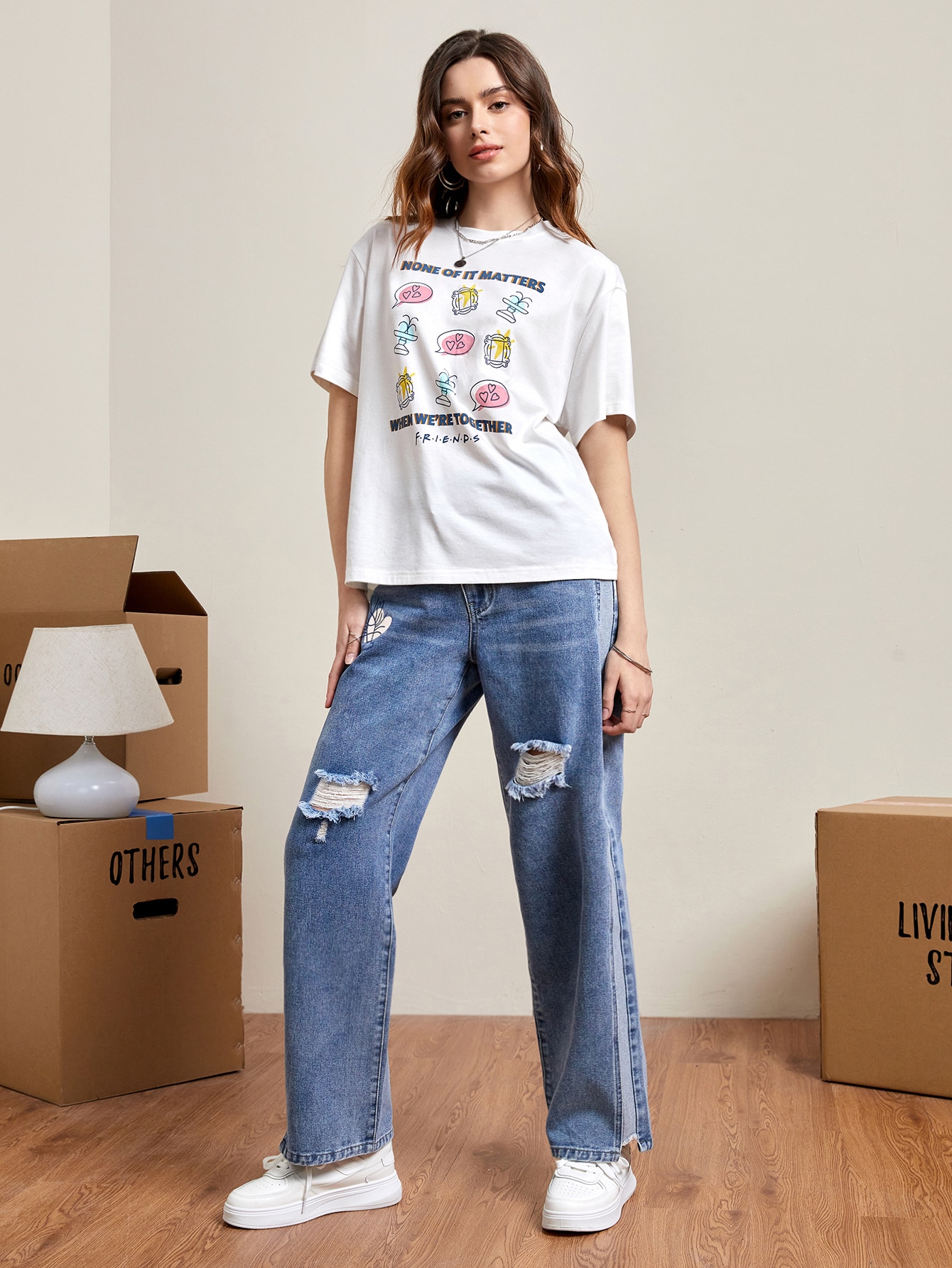 FRIENDS X SHEIN Camiseta de hombros caídos con estampado de slogan y ...