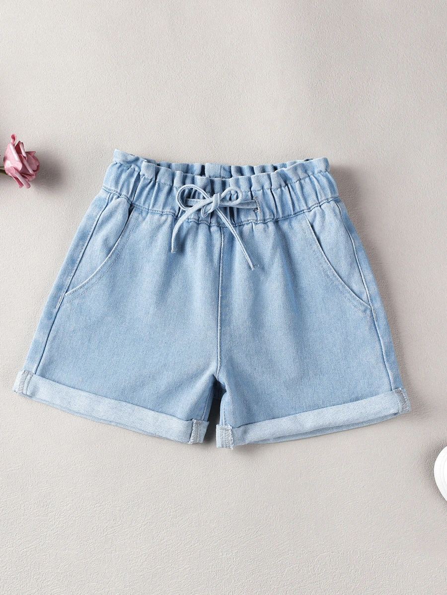Girls Drawstring Paperbag Waist Front Roll Hem Denim Shorts | SHEIN USA