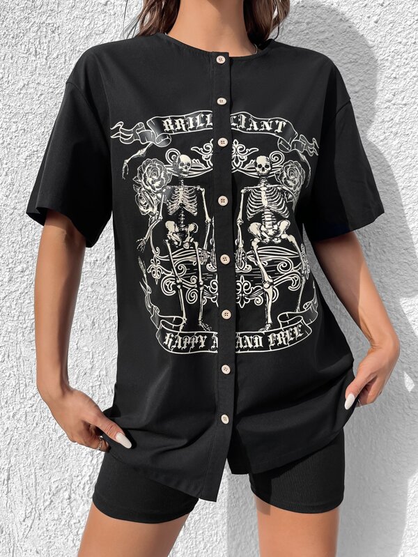 Shein Coolane Skeleton And Letter Graphic Drop Shoulder Shirt Shein Usa