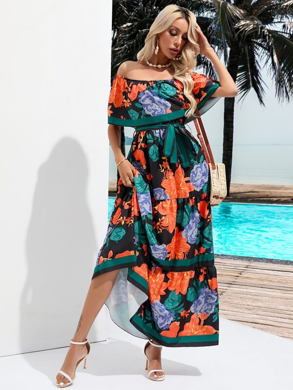 Shein Vcay Floral Print Off Shoulder Belted A Line Dress Shein Usa