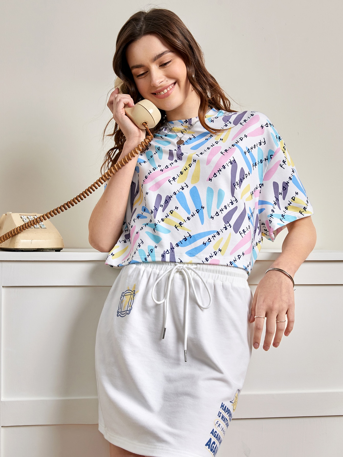 FRIENDS X SHEIN Letter & Graffiti Print Mock Neck Tee | SHEIN USA
