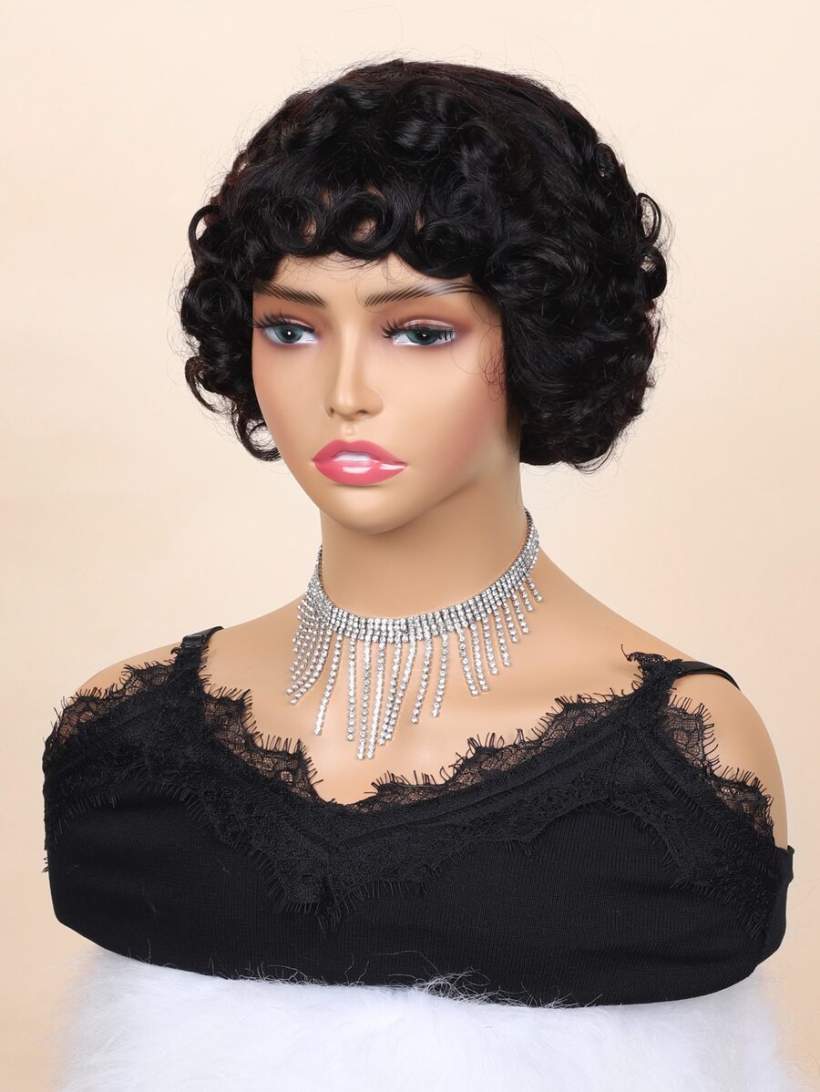 Short Rose Curly Wave Human Hair Wig With Bangs Machine Made Beginner ...