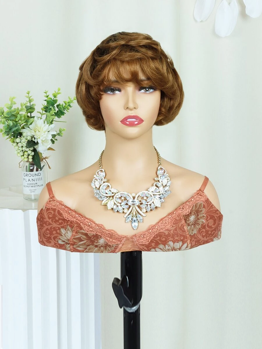 Curly Machine Made Wig Dark Brown #T30 Color 150% 6 Inch Short Human ...