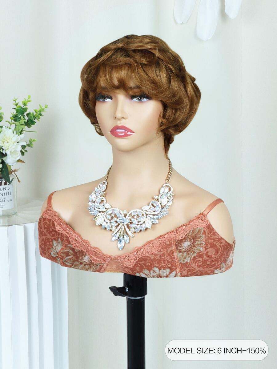 Curly Machine Made Wig Dark Brown #T30 Color 150% 6 Inch Short Human ...