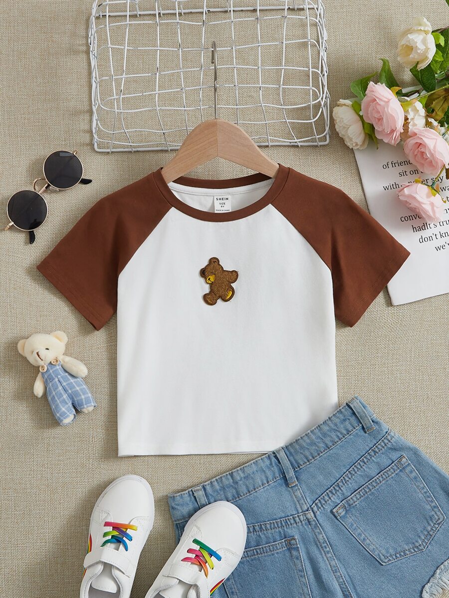 SHEIN Tween Girls' Casual Round Neck Short Sleeve Tee With Patchwork ...