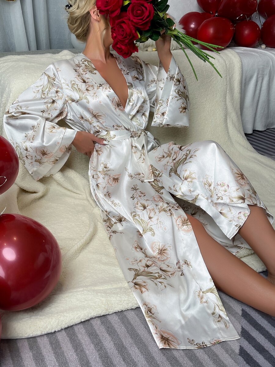 Floral Print Belted Satin Night Robe | SHEIN USA