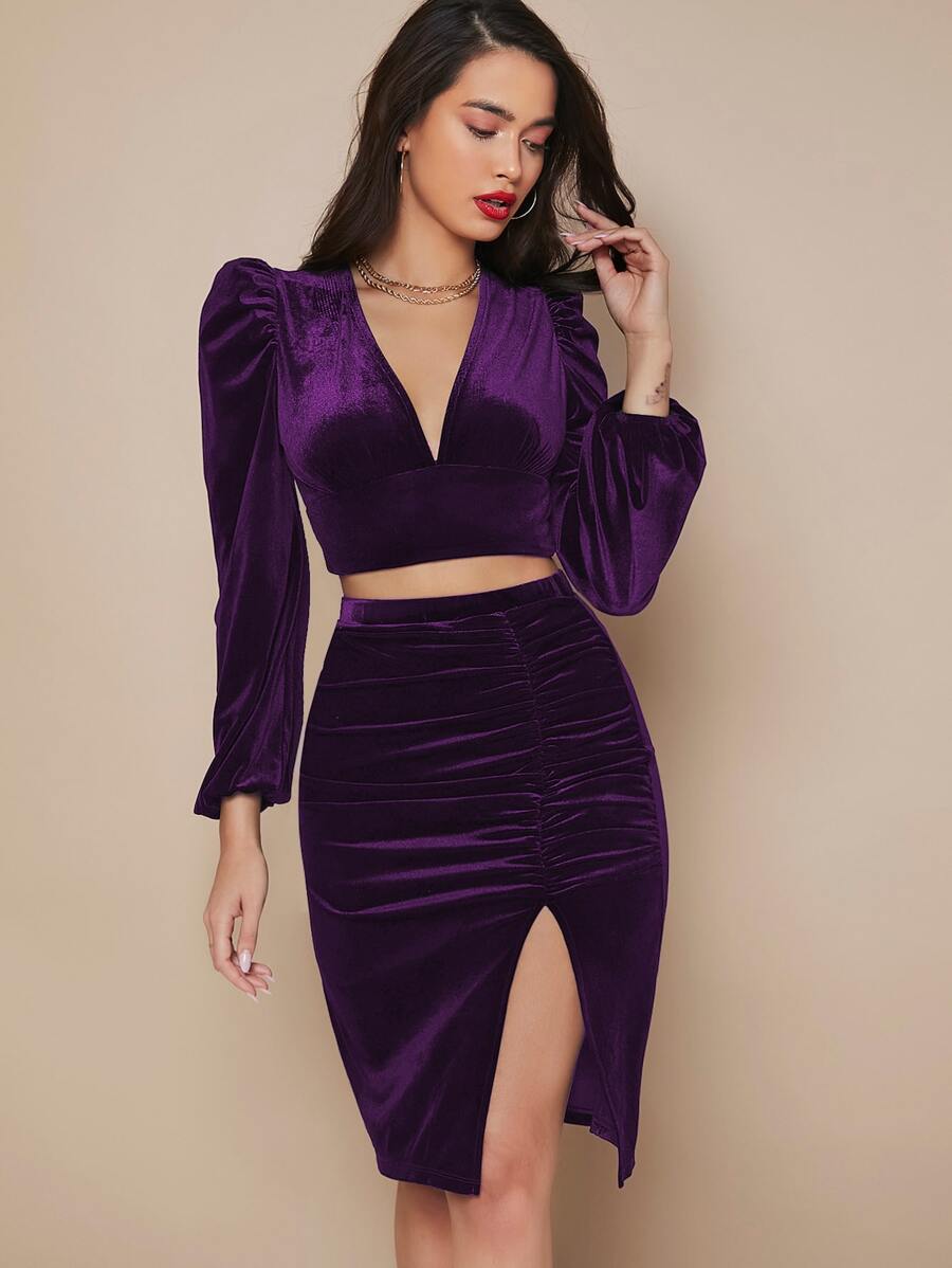 SHEIN Belle V-neck Puff Sleeve Velvet Crop Top & Ruched Split Thigh ...